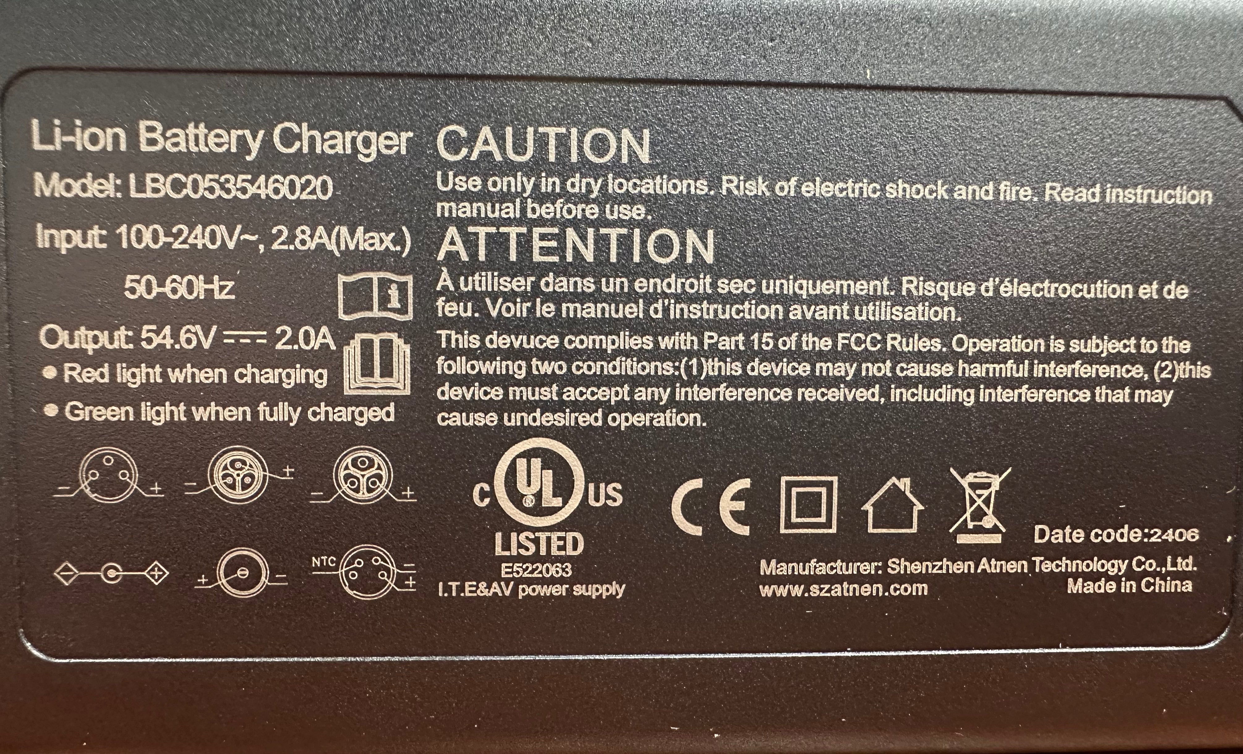 54.6 Volt 2.0 Amp Coaxial Lithium Battery Charger for Caroma P1, P5 ...