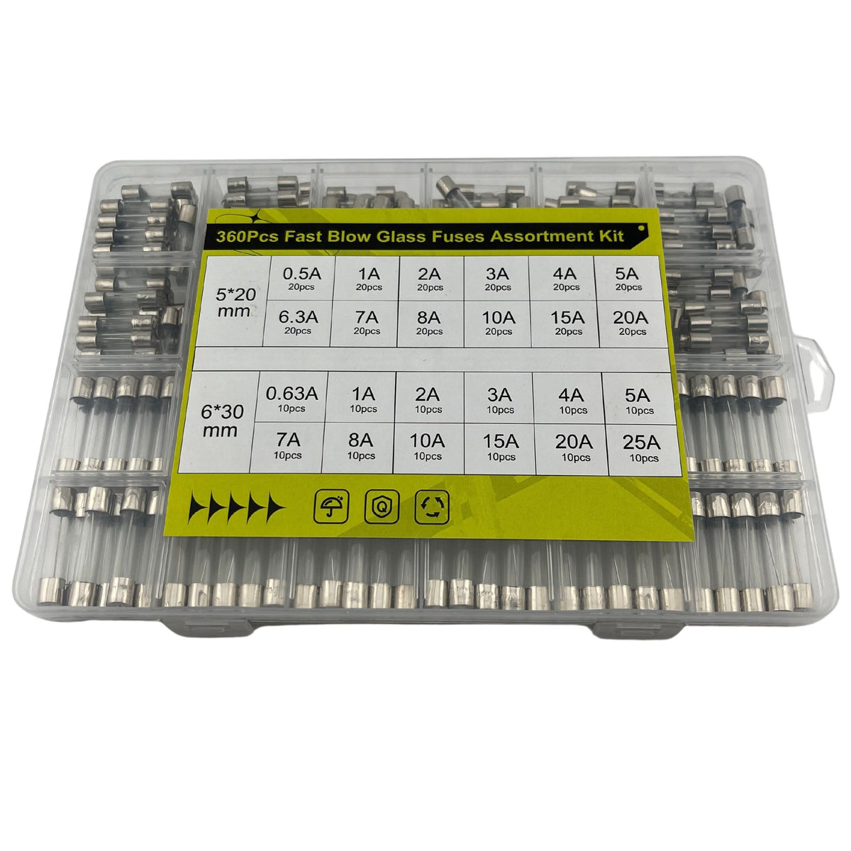 360 Piece AGC & GMA Glass Fuse Assortment Kit with 0.5A, 0.63A, 1A, 2A ...